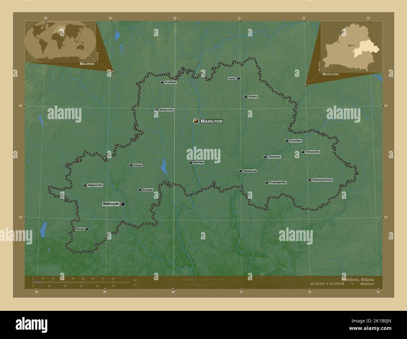 Mahilyow, region of Belarus. Colored elevation map with lakes and ...