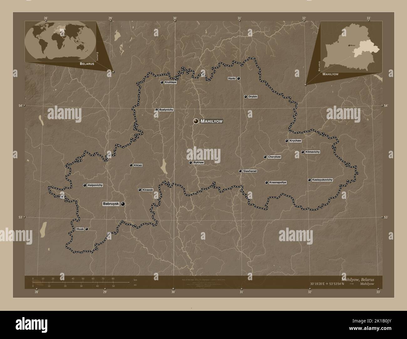 Mahilyow, region of Belarus. Elevation map colored in sepia tones with ...