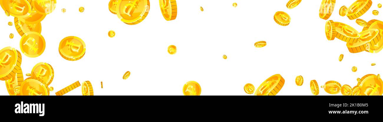 Russian ruble coins falling. Scattered gold RUB coins. Russia money ...