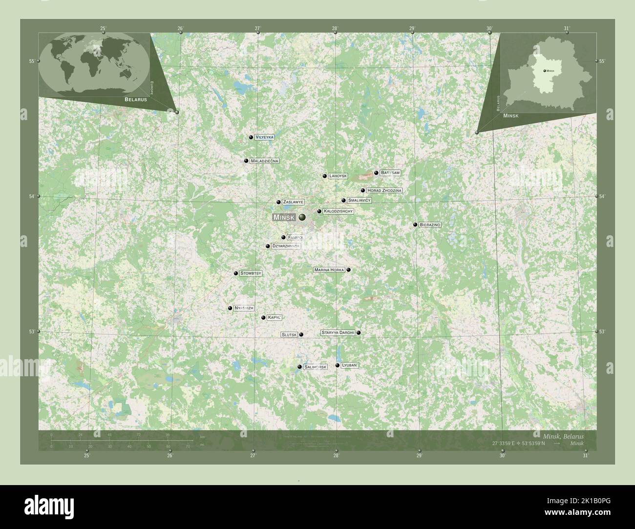 Minsk, region of Belarus. Open Street Map. Locations and names of major ...