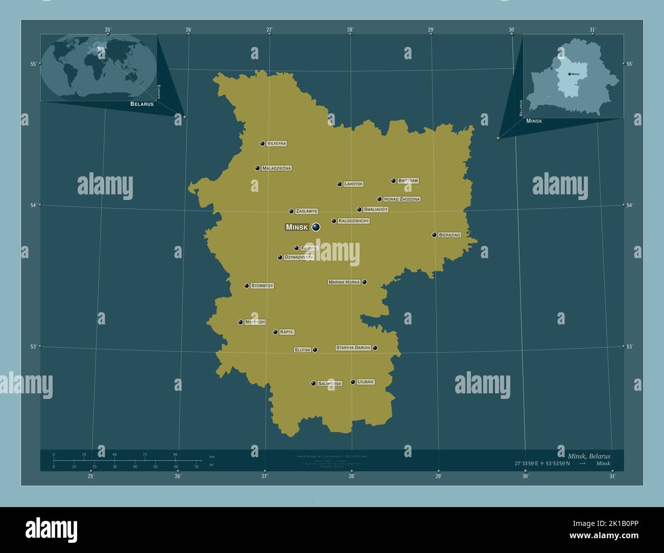 Minsk, region of Belarus. Solid color shape. Locations and names of ...