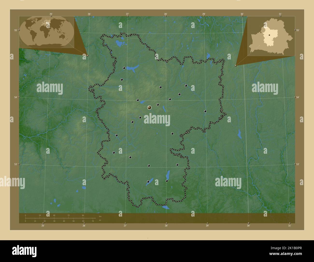 Minsk, region of Belarus. Colored elevation map with lakes and rivers ...