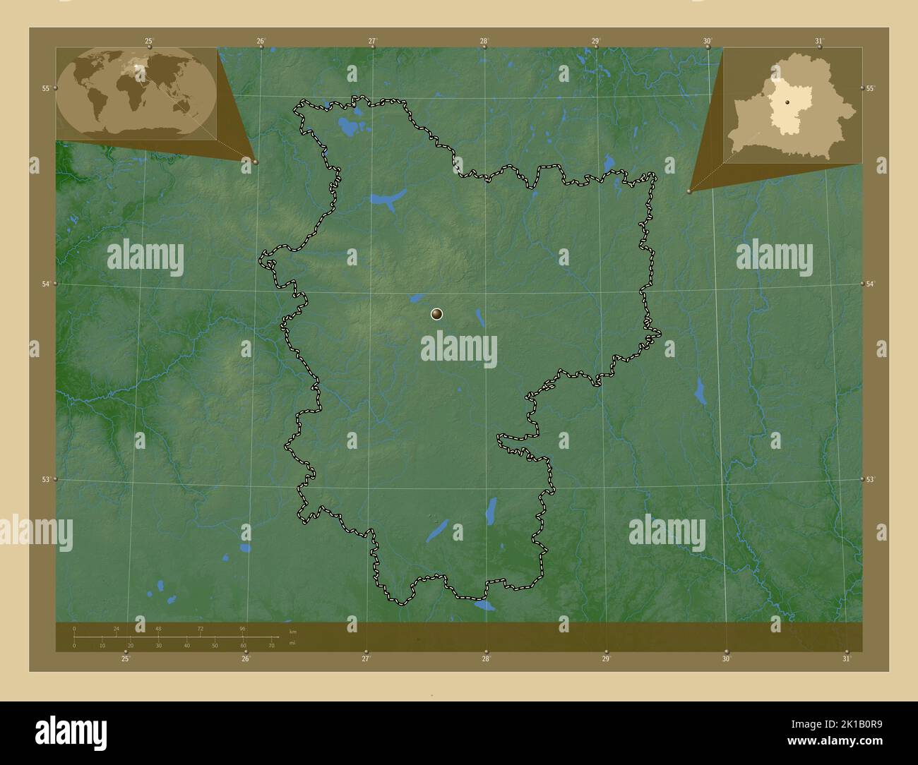 Minsk, region of Belarus. Colored elevation map with lakes and rivers ...