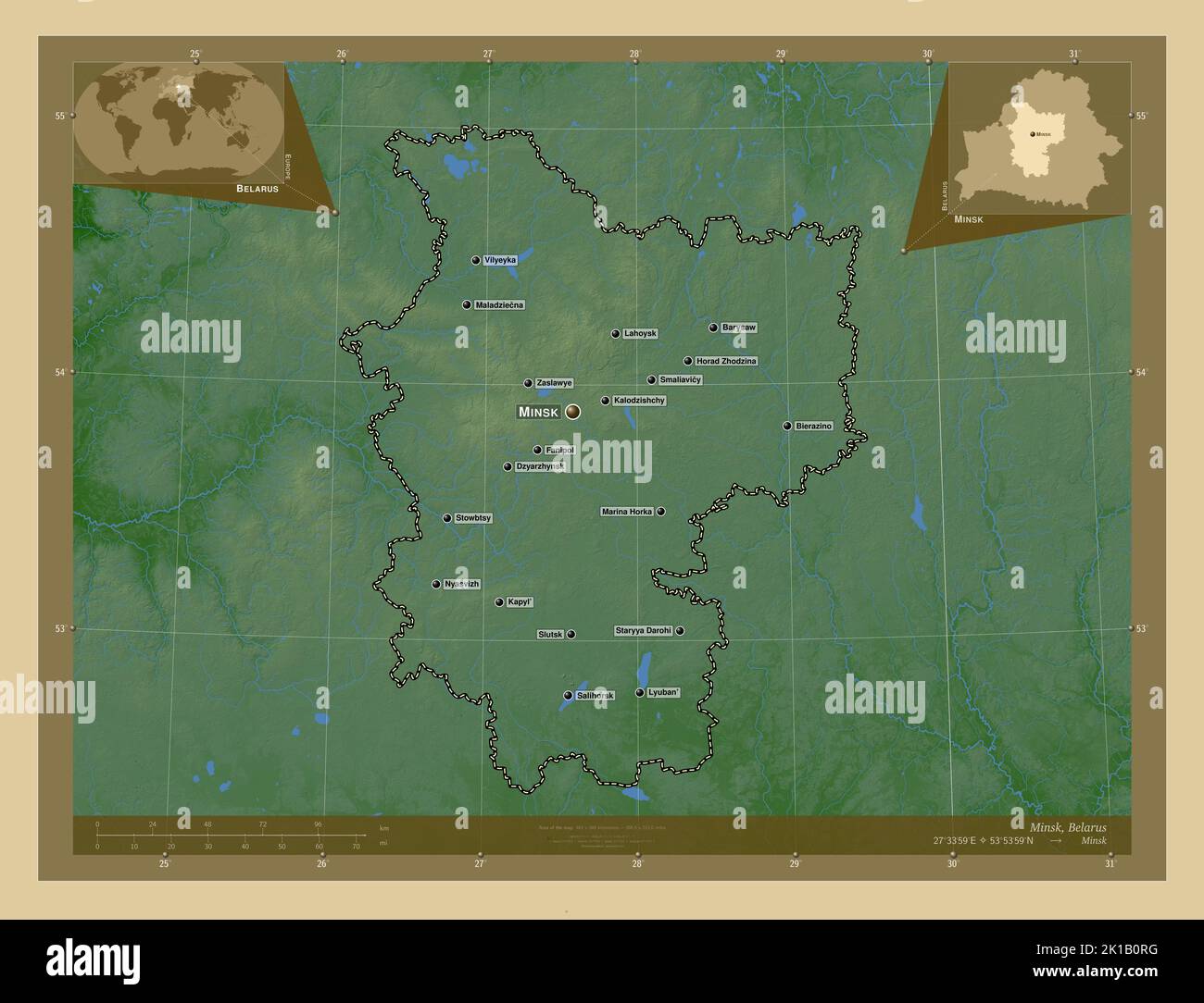 Minsk, region of Belarus. Colored elevation map with lakes and rivers ...