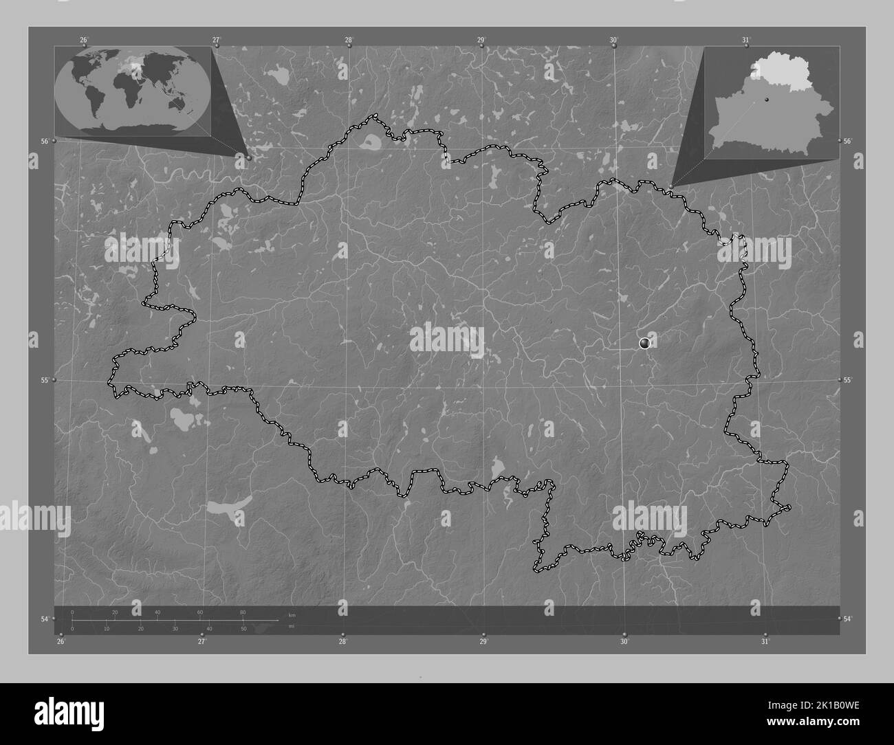 Vitsyebsk, region of Belarus. Grayscale elevation map with lakes and ...