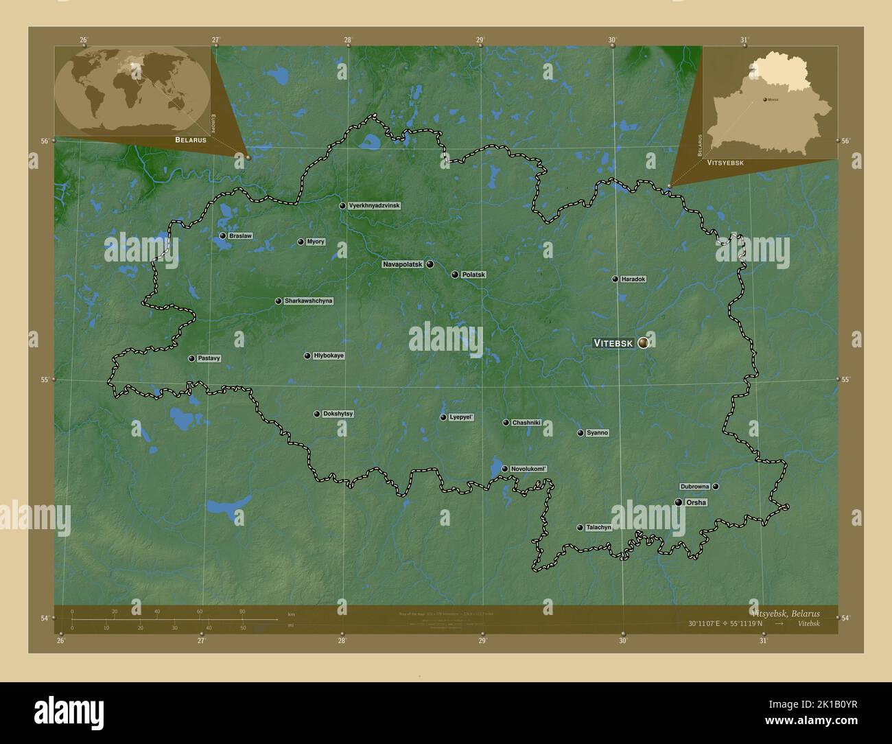 Vitsyebsk, region of Belarus. Colored elevation map with lakes and ...