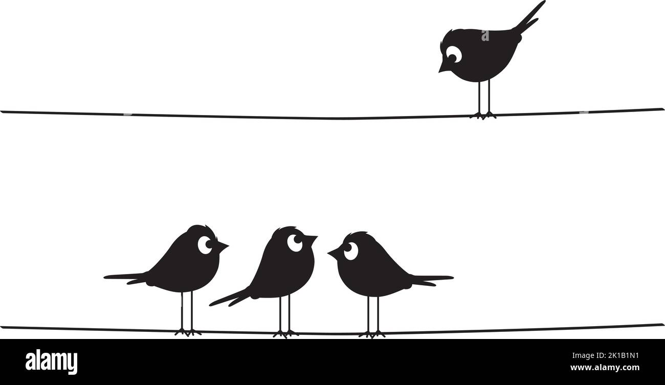 Birds On Wire Silhouettes, Vector. Cartoon fun illustration. Black and ...