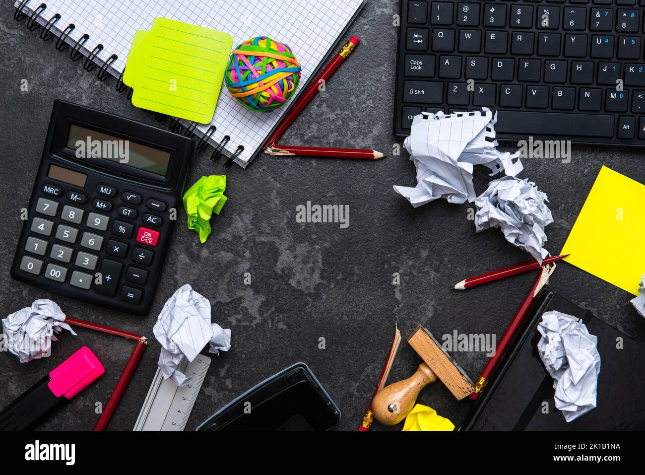 Job burnout conceptual background, office desk top down view Stock ...