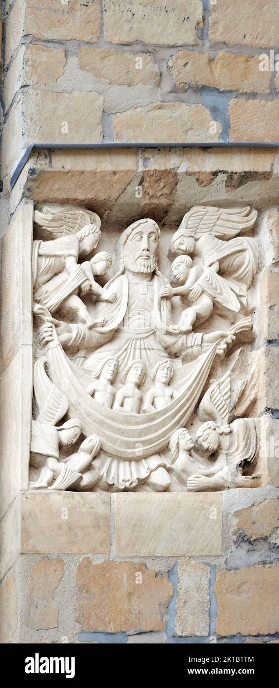 Twelfth century carved stone frieze (of those bound for heaven wrapped ...