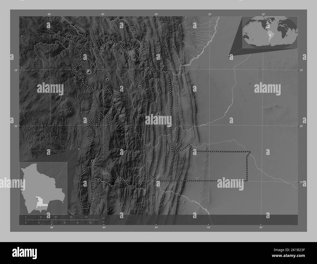 Chuquisaca, department of Bolivia. Grayscale elevation map with lakes and rivers. Locations of ...