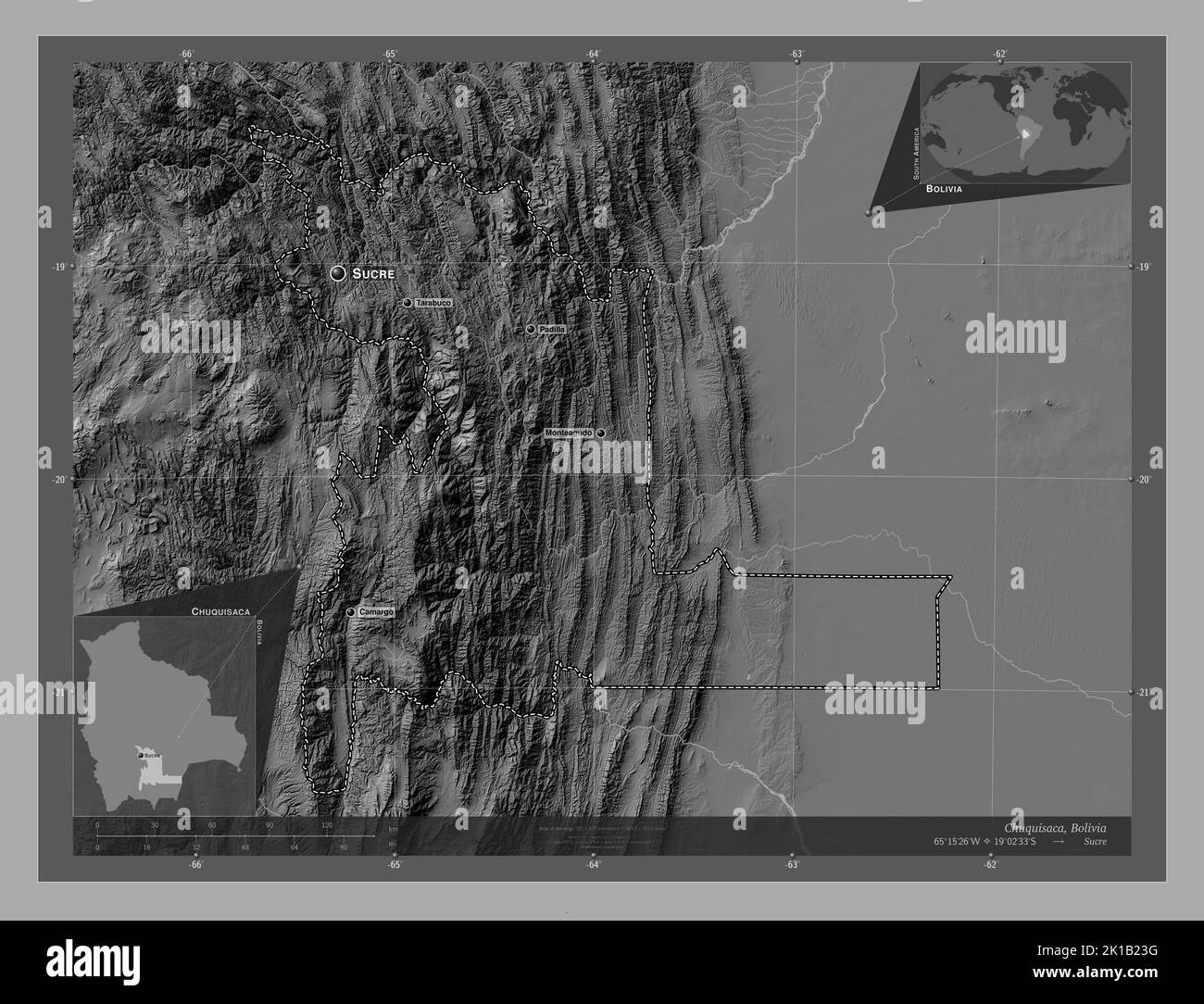Chuquisaca, department of Bolivia. Bilevel elevation map with lakes and rivers. Locations and ...