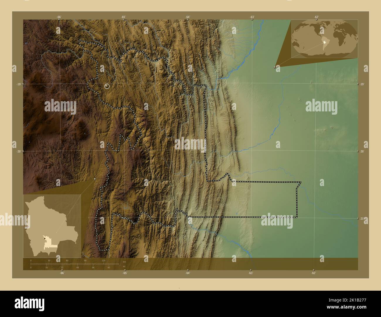 Chuquisaca, department of Bolivia. Colored elevation map with lakes and ...