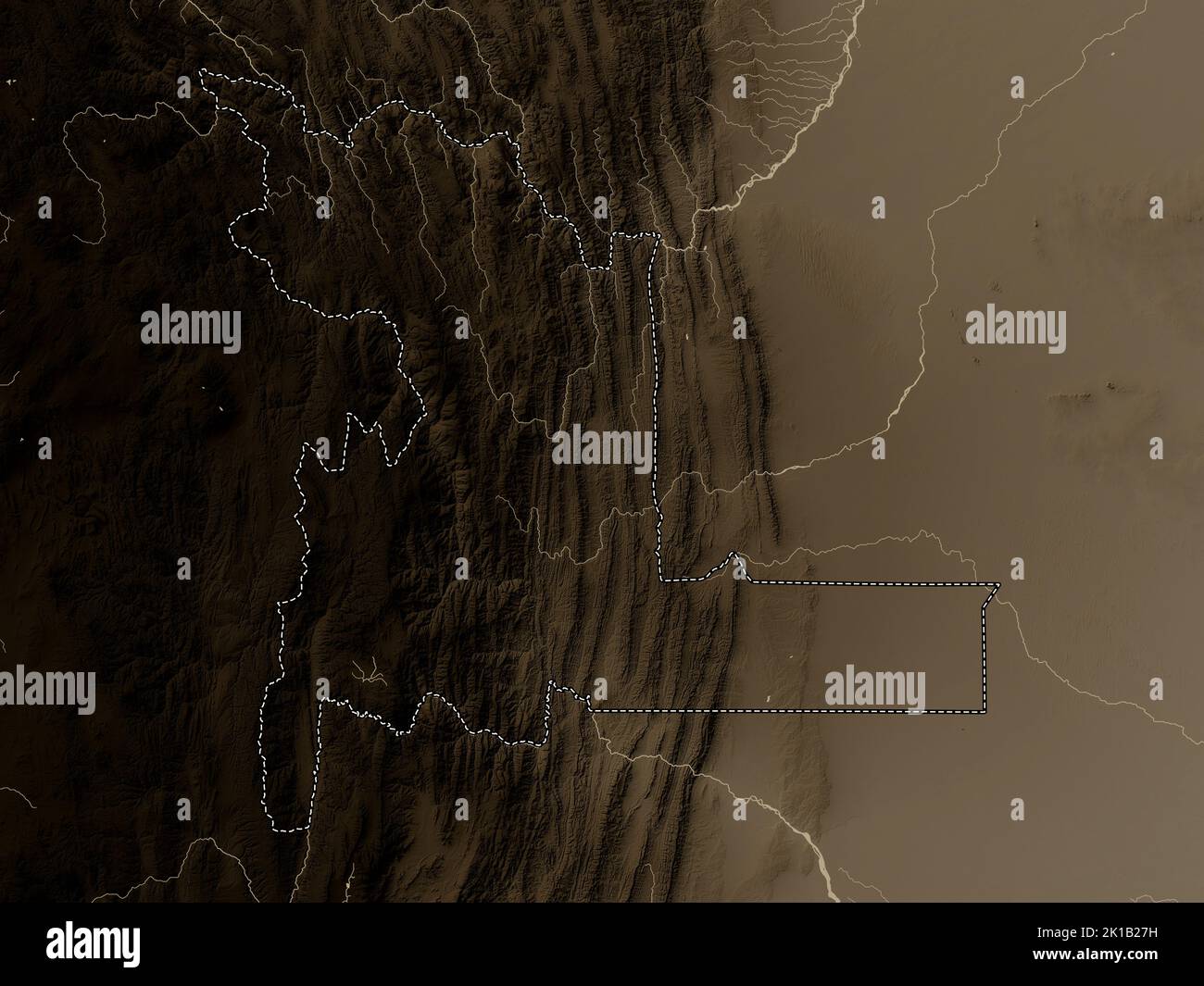 Chuquisaca, department of Bolivia. Elevation map colored in sepia tones with lakes and rivers ...