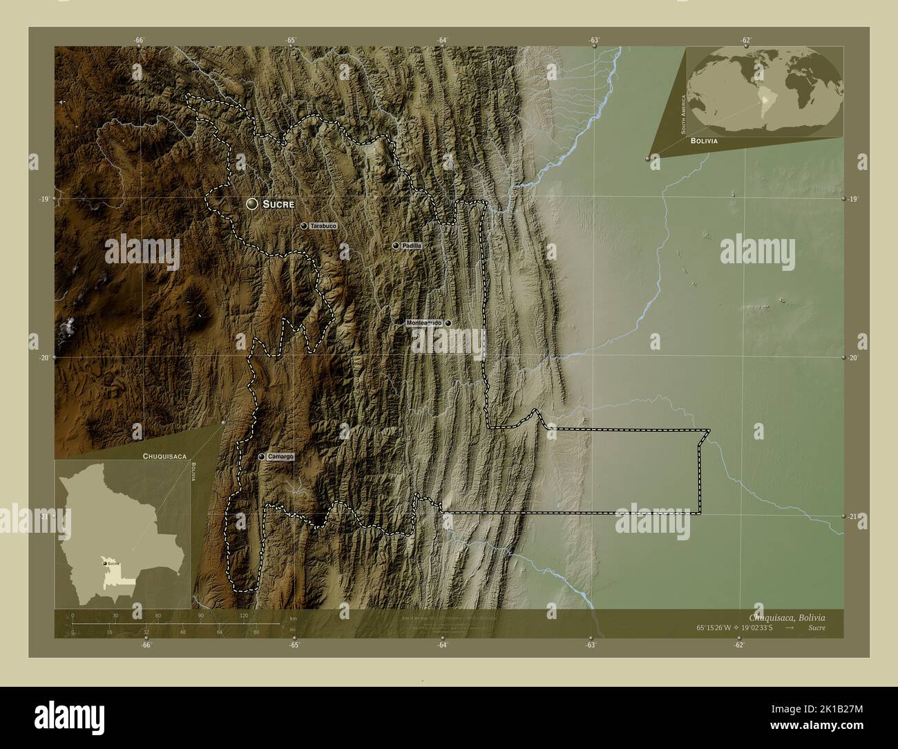 Chuquisaca, department of Bolivia. Elevation map colored in wiki style with lakes and rivers ...