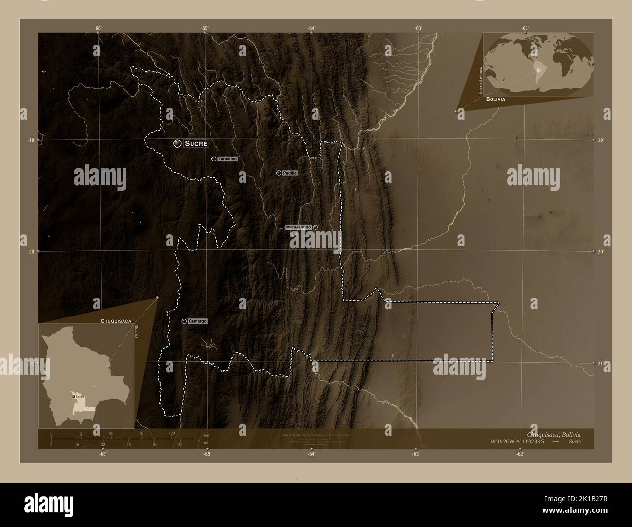 Chuquisaca, department of Bolivia. Elevation map colored in sepia tones with lakes and rivers ...