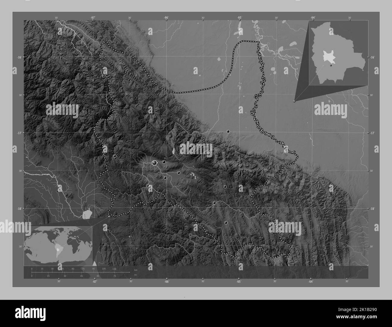 Cochabamba, department of Bolivia. Grayscale elevation map with lakes and rivers. Locations of ...