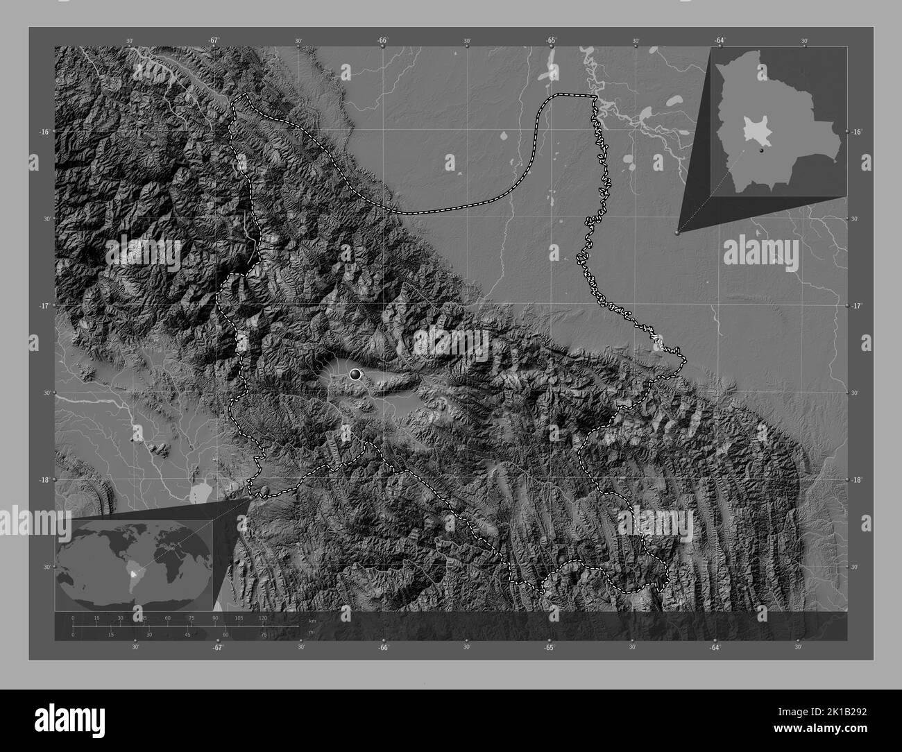 Cochabamba, department of Bolivia. Bilevel elevation map with lakes and ...