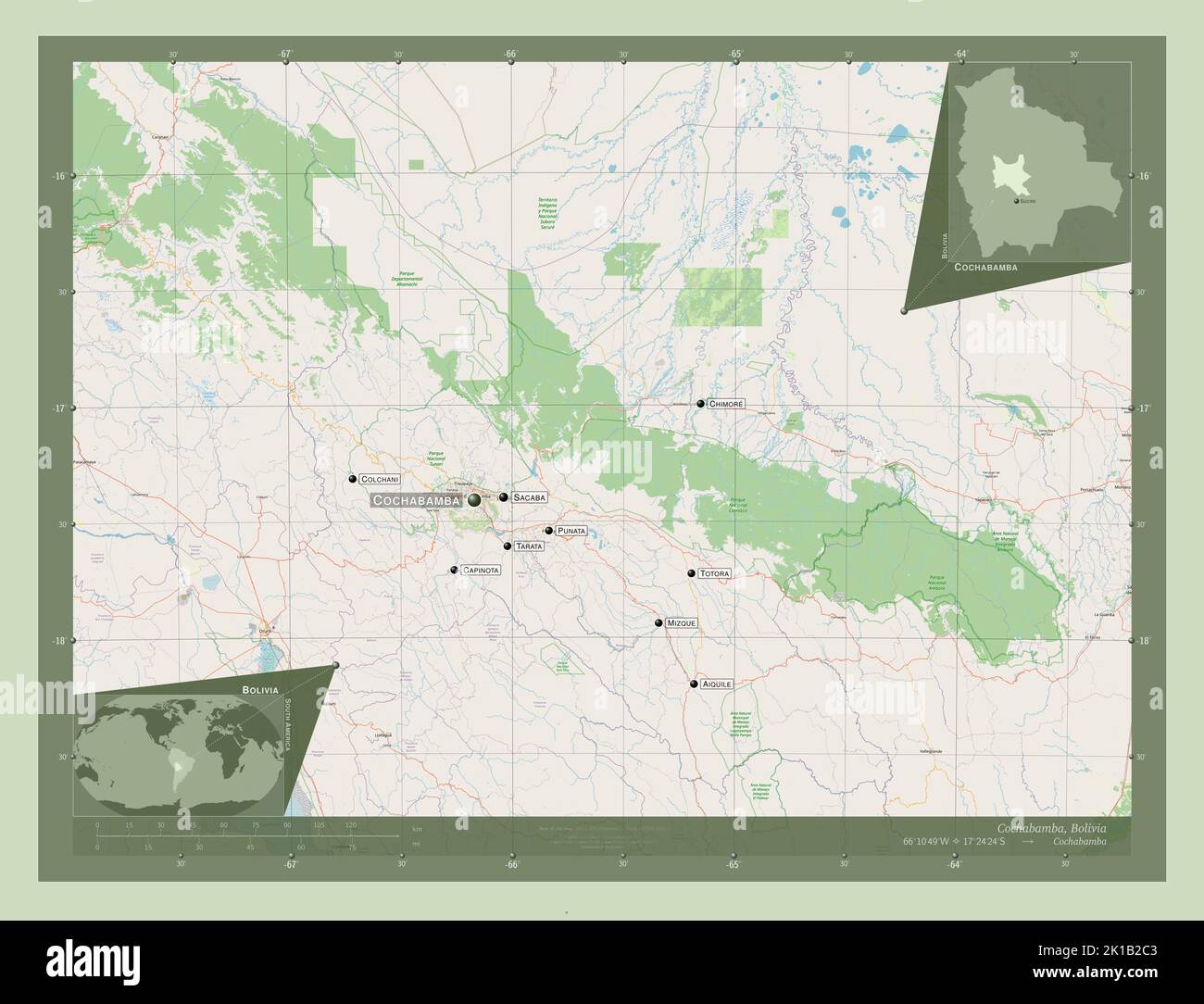 Cochabamba, department of Bolivia. Open Street Map. Locations and names ...