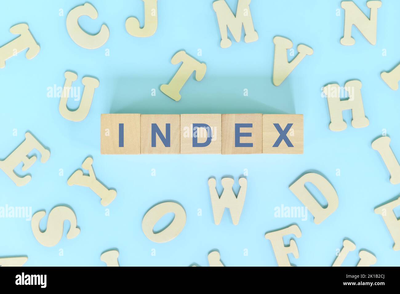 Index page part of a book concept. Wooden blocks typography word flat ...