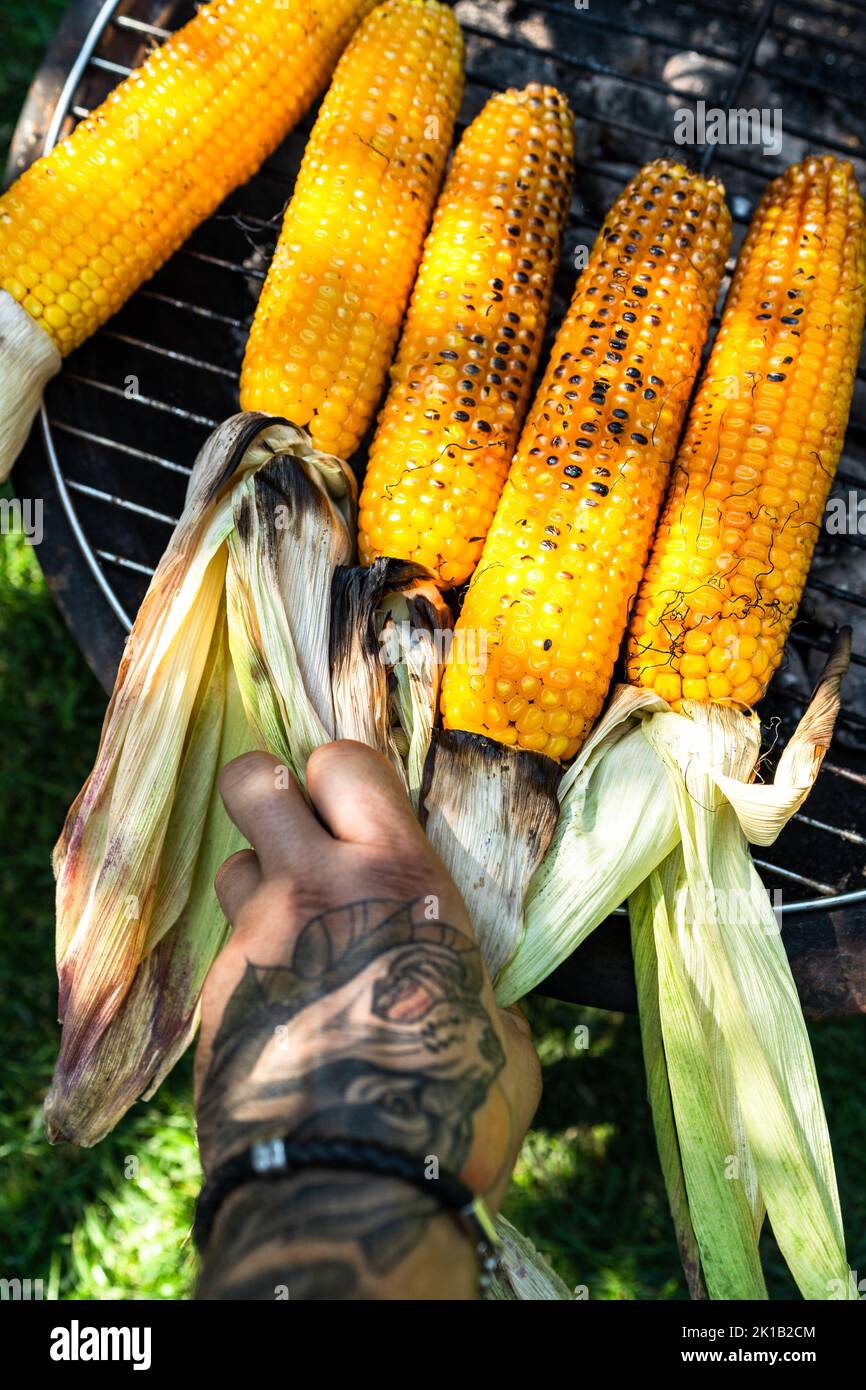 Roasting corn cobs on hot coal grill, person hand with tattoo Stock ...