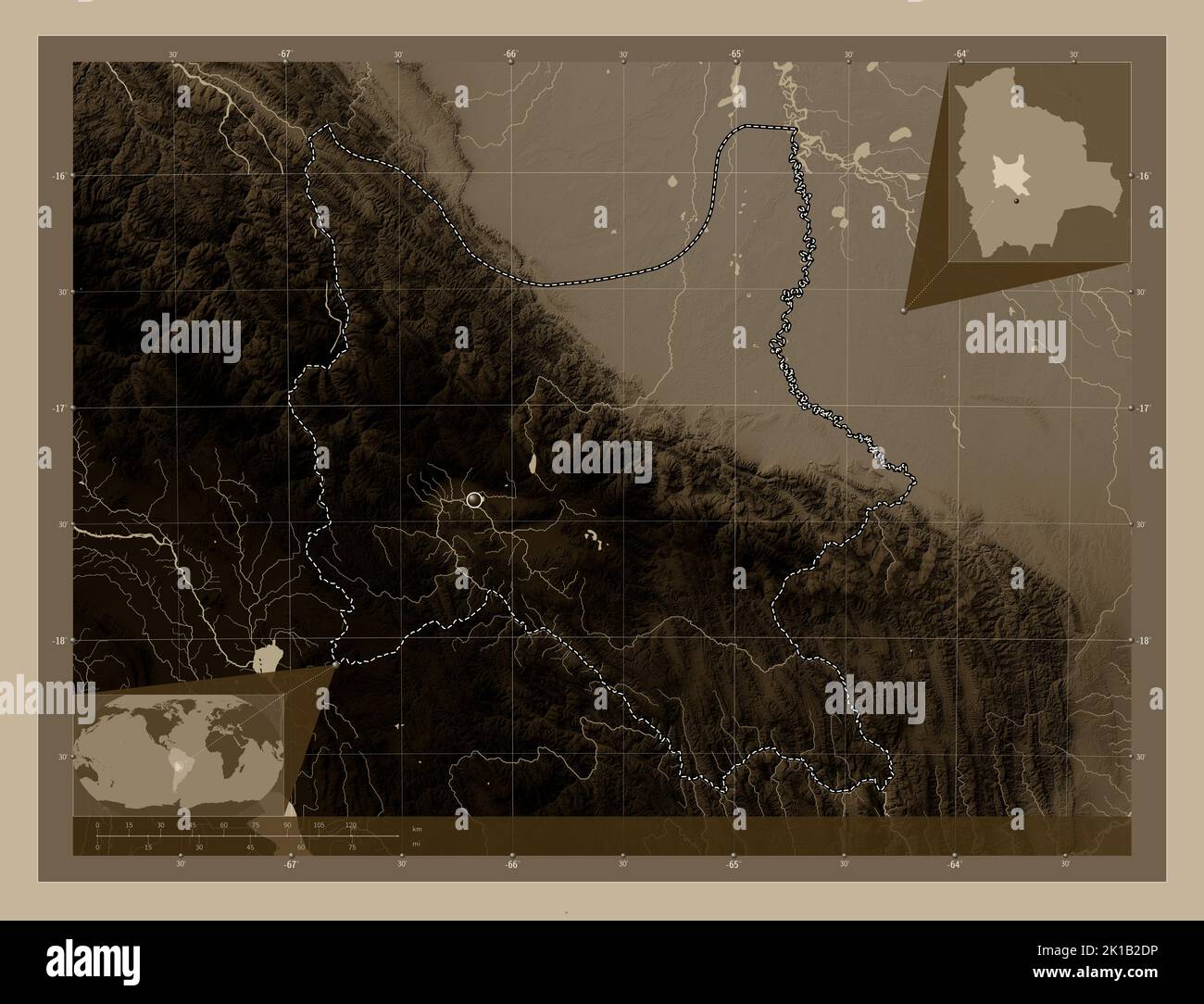Cochabamba, department of Bolivia. Elevation map colored in sepia tones with lakes and rivers ...