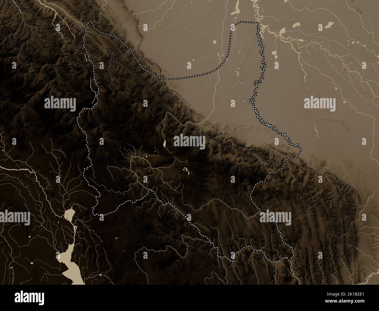 Cochabamba, department of Bolivia. Elevation map colored in sepia tones with lakes and rivers ...