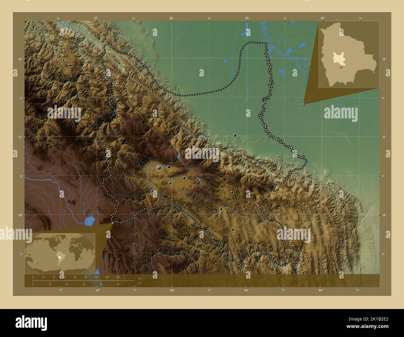 Cochabamba, department of Bolivia. Colored elevation map with lakes and ...