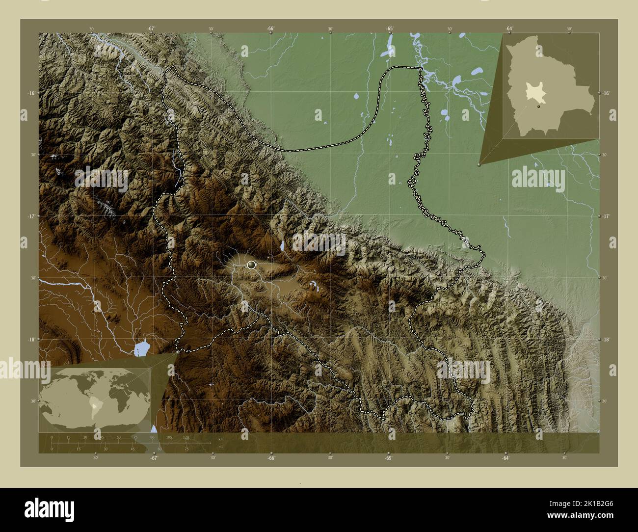 Cochabamba, department of Bolivia. Elevation map colored in wiki style with lakes and rivers ...