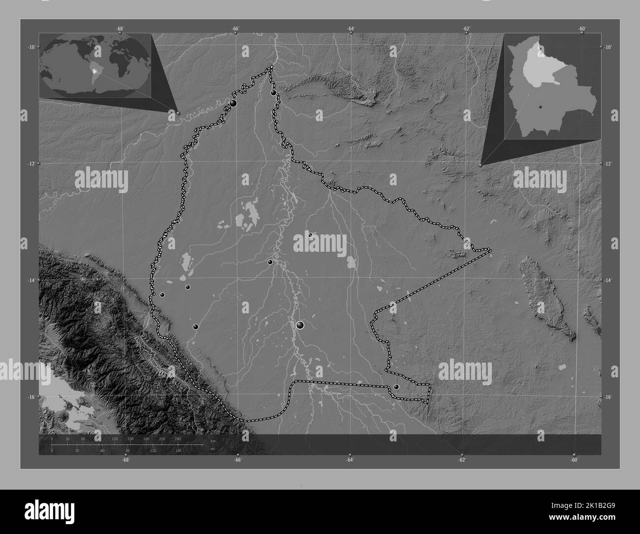 El Beni, department of Bolivia. Bilevel elevation map with lakes and ...