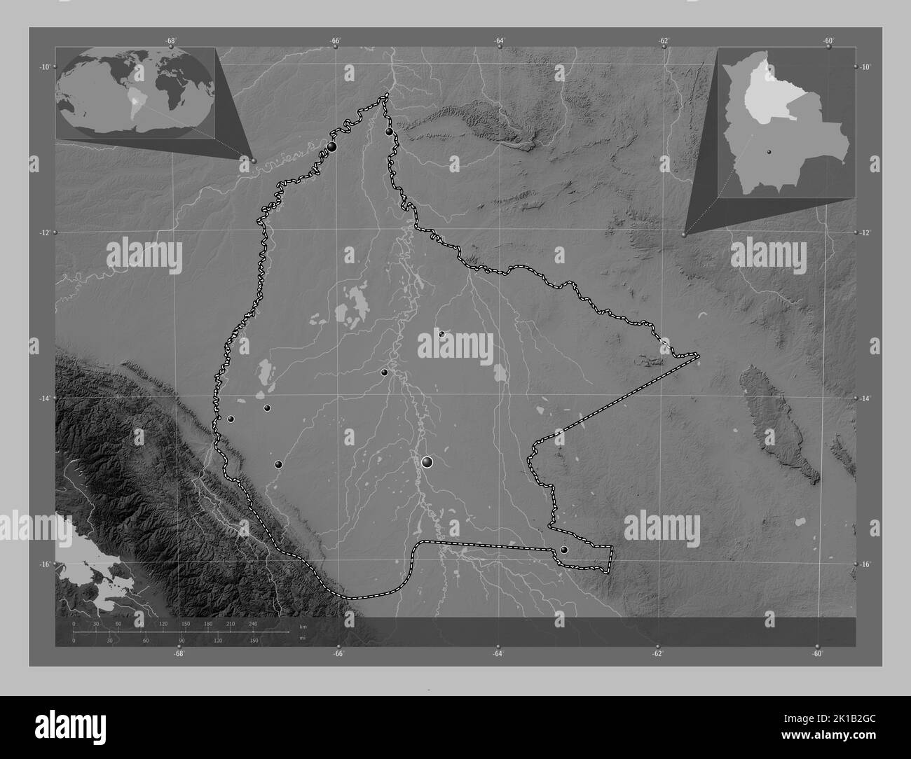 El Beni, department of Bolivia. Grayscale elevation map with lakes and rivers. Locations of ...
