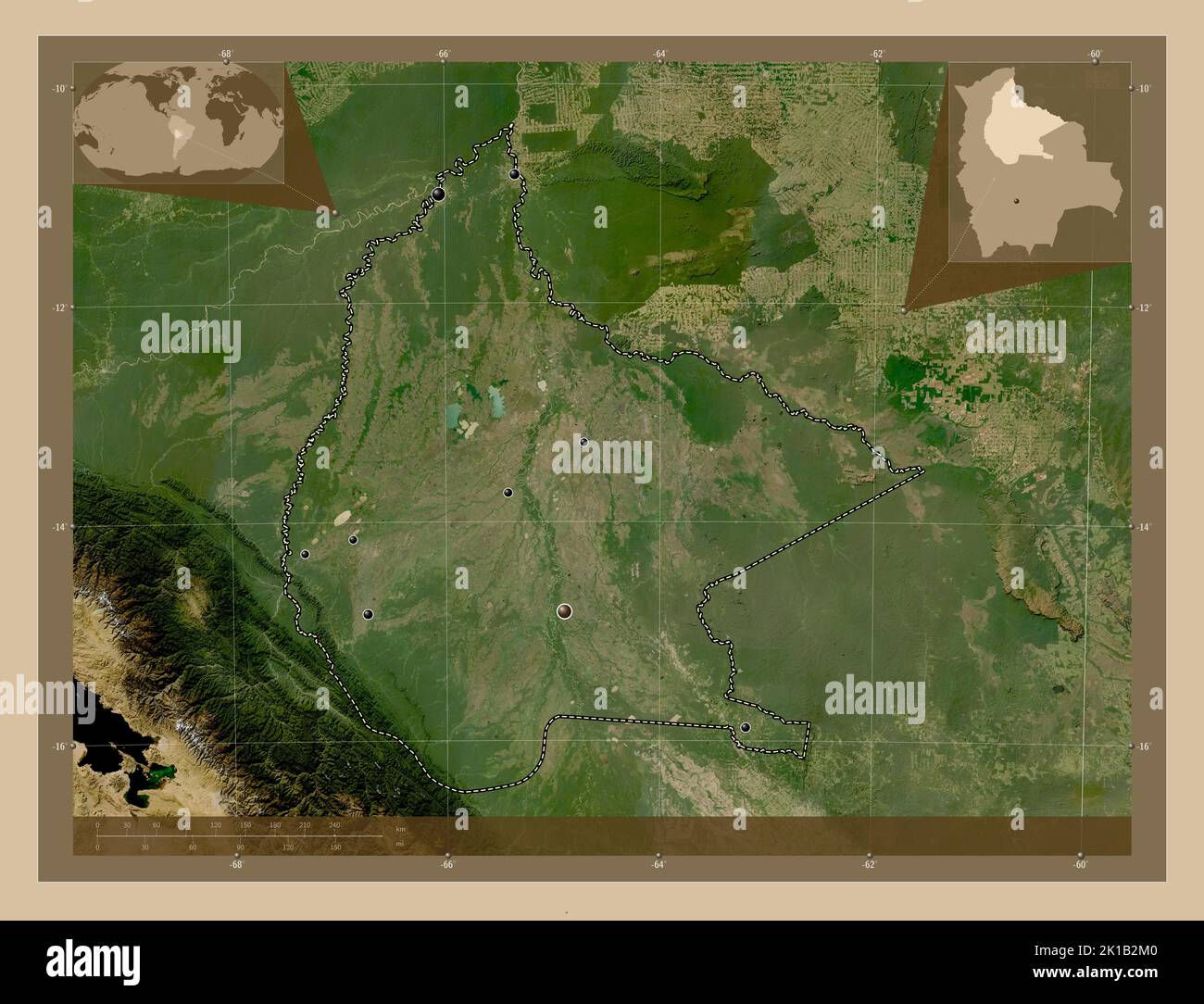 El Beni, department of Bolivia. Low resolution satellite map. Locations ...