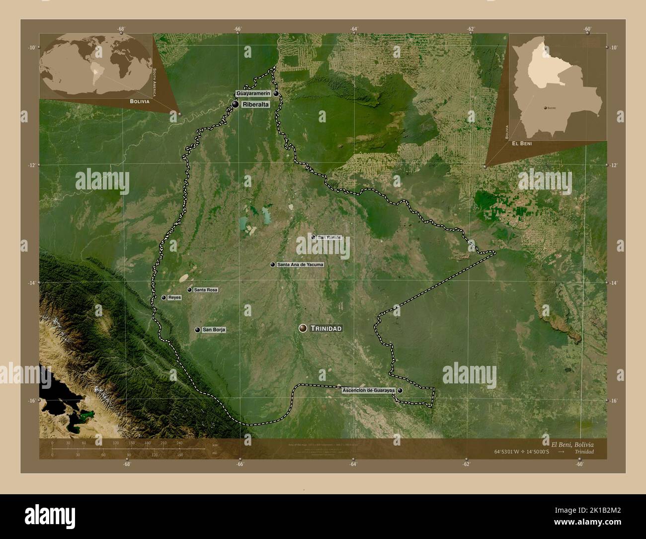 El Beni, department of Bolivia. Low resolution satellite map. Locations ...