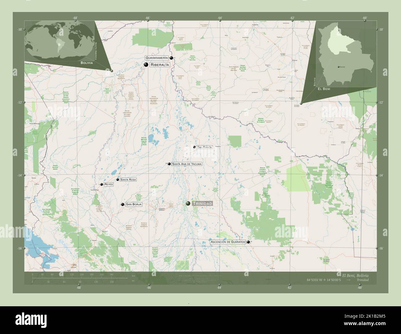El Beni, department of Bolivia. Open Street Map. Locations and names of ...