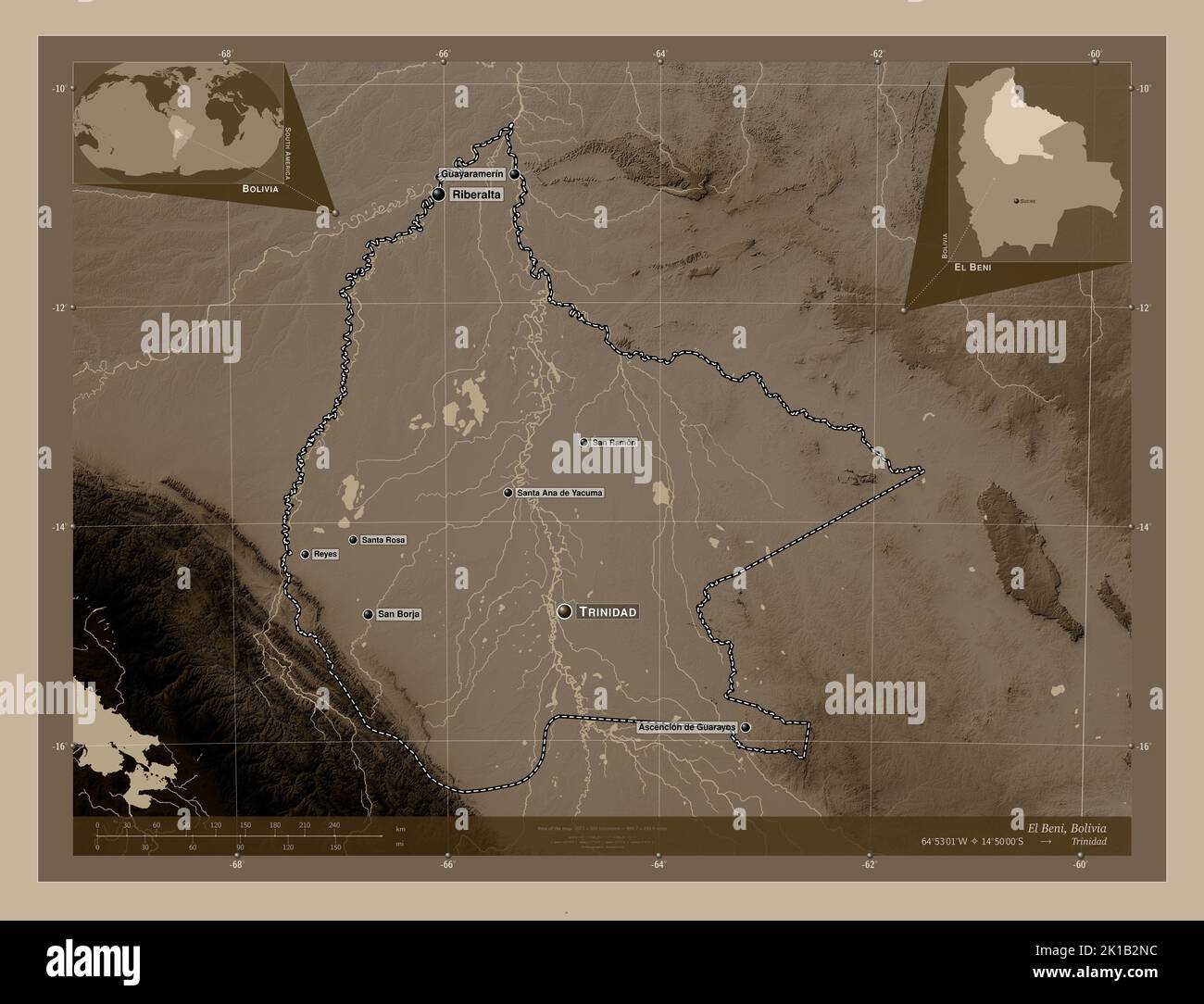 El Beni, department of Bolivia. Elevation map colored in sepia tones ...