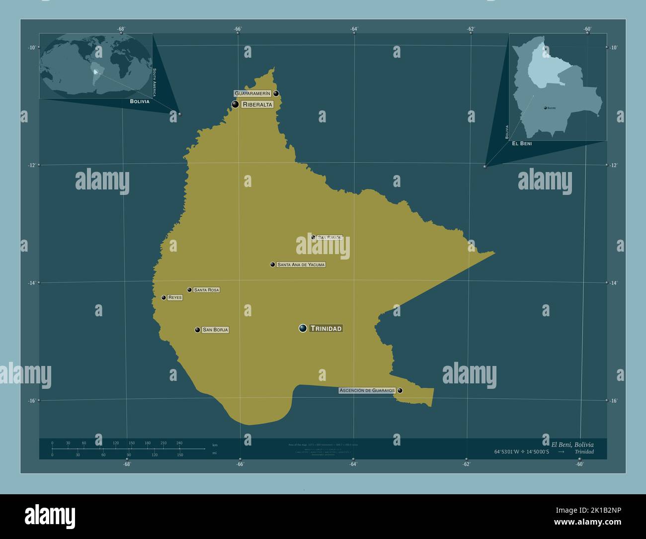El Beni, department of Bolivia. Solid color shape. Locations and names ...