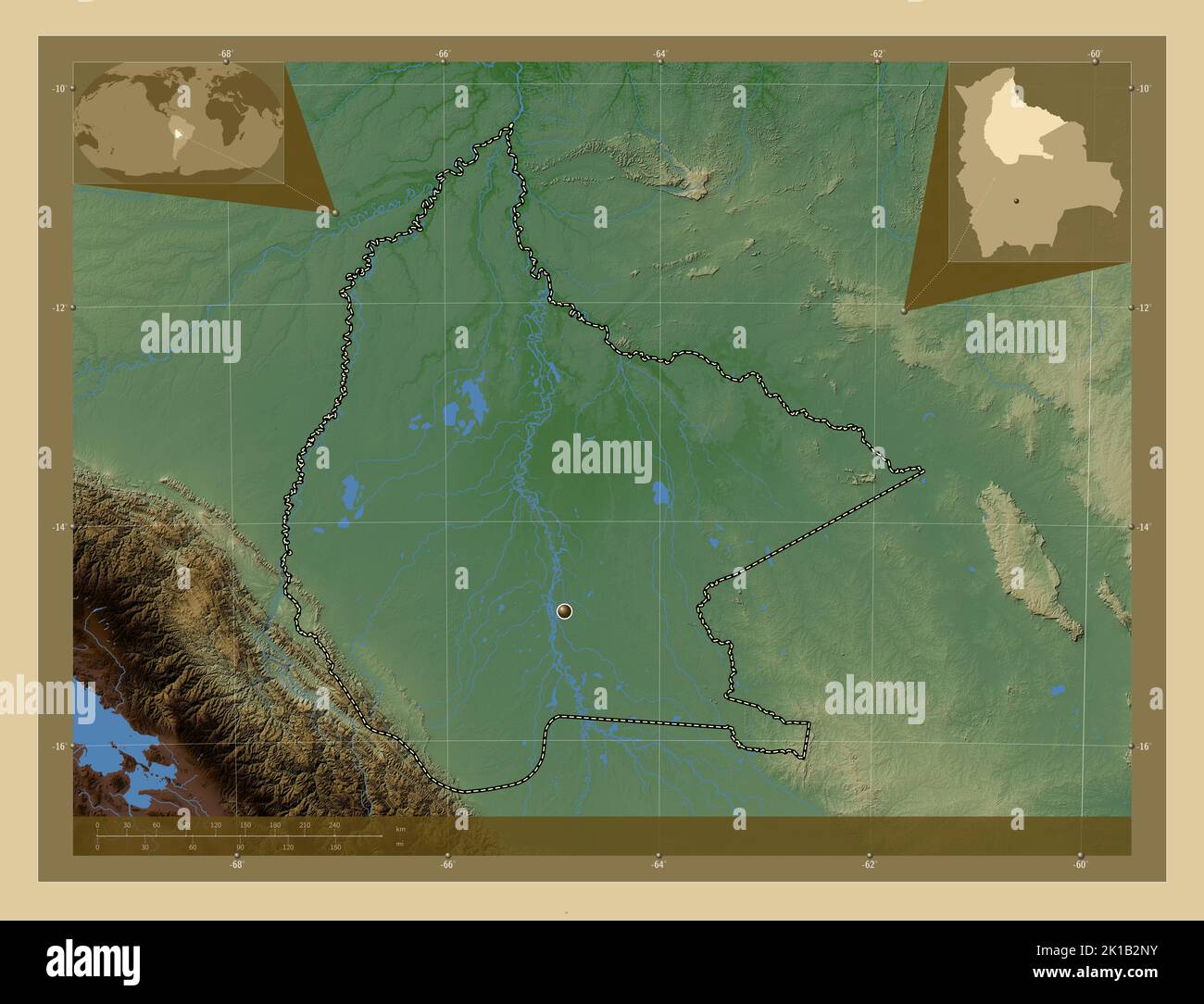 El Beni, department of Bolivia. Colored elevation map with lakes and ...