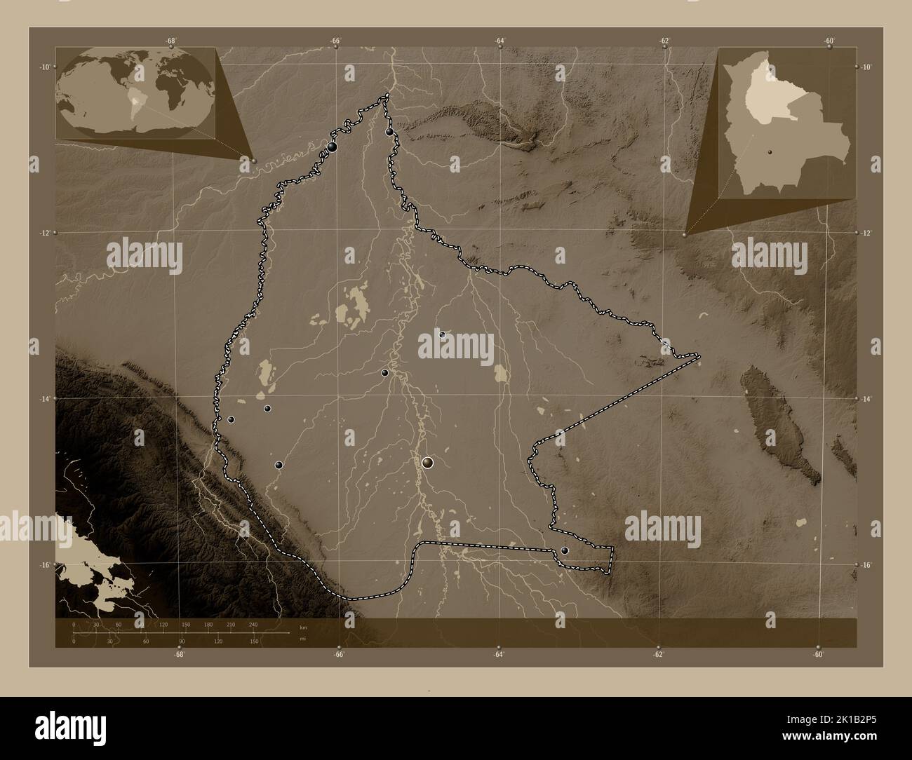 El Beni, department of Bolivia. Elevation map colored in sepia tones with lakes and rivers ...
