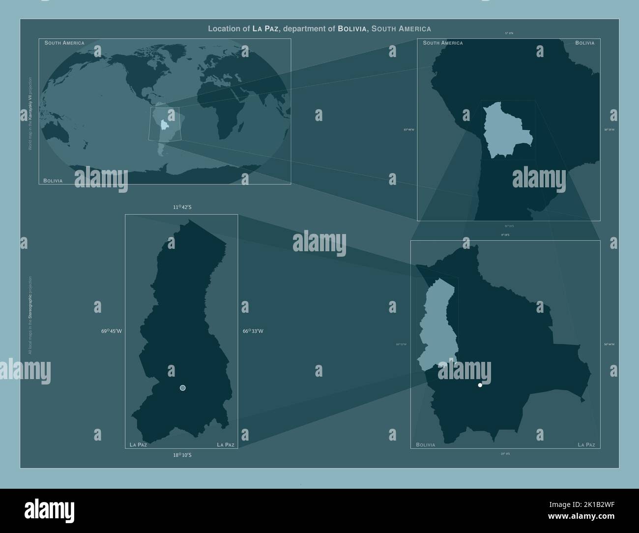 La Paz, department of Bolivia. Diagram showing the location of the region on larger-scale maps ...