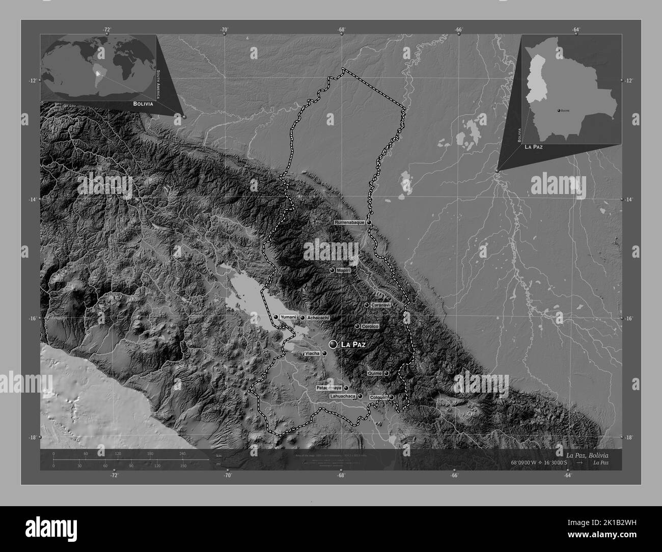 La Paz, department of Bolivia. Bilevel elevation map with lakes and rivers. Locations and names ...