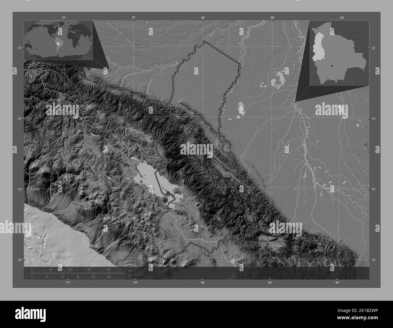 La Paz, department of Bolivia. Bilevel elevation map with lakes and ...