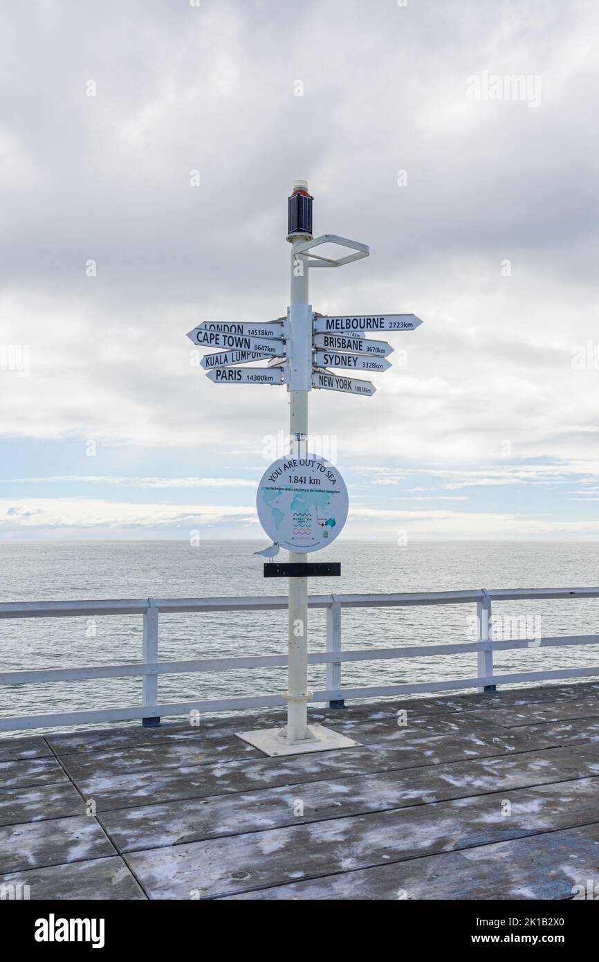 Directional sign at the end of the long jetty, Busselton, Western ...
