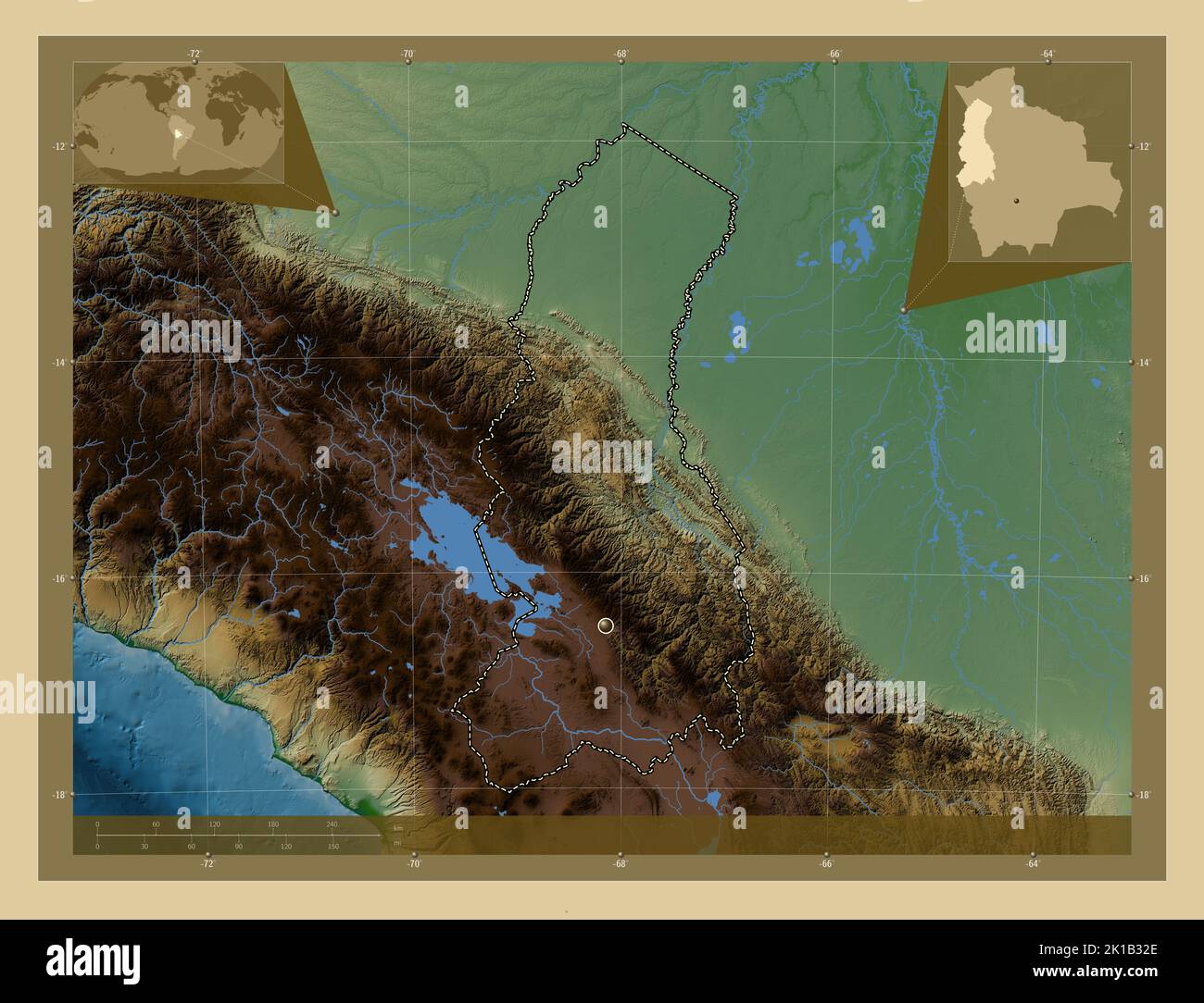 La Paz, department of Bolivia. Colored elevation map with lakes and ...