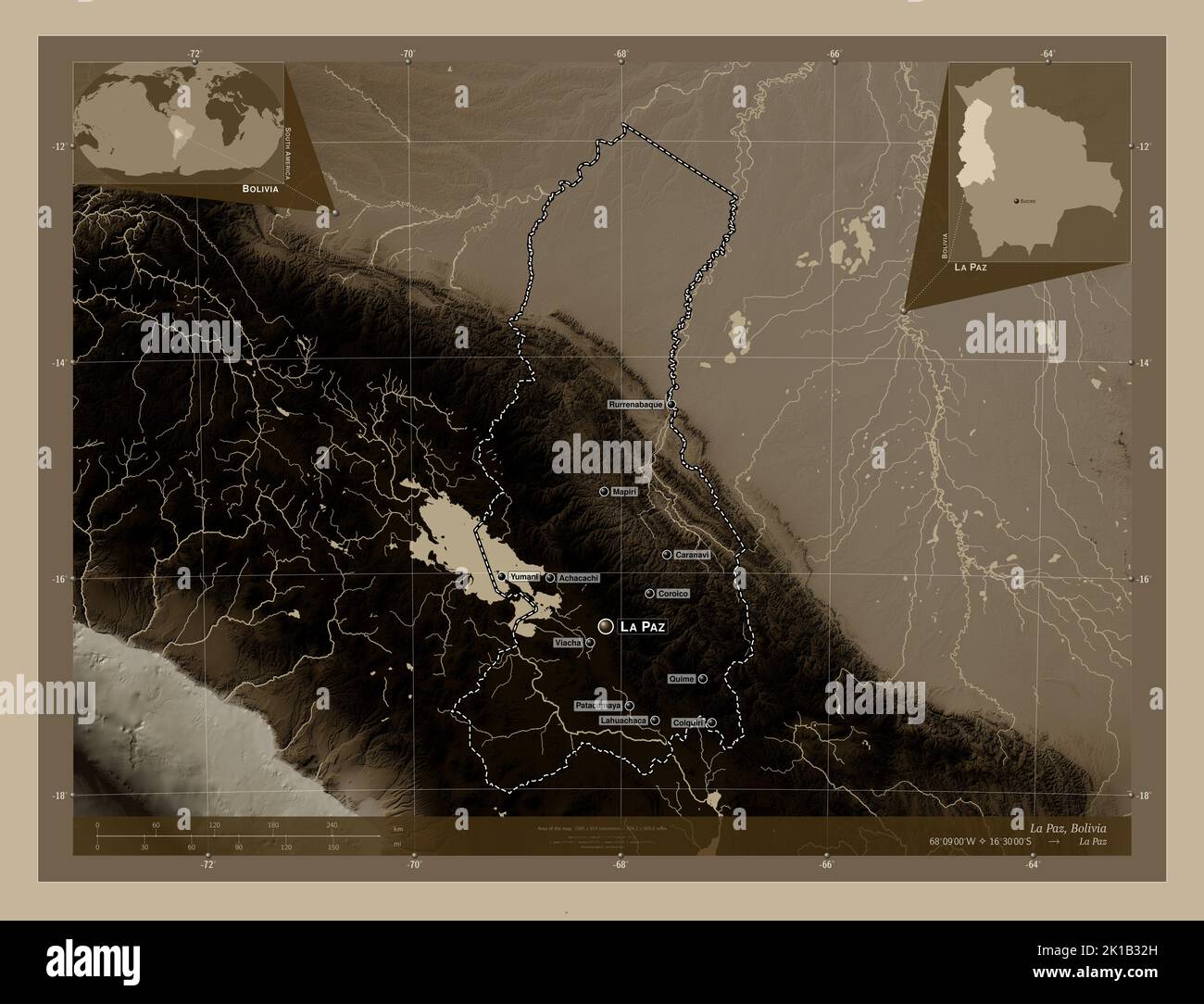 La Paz, department of Bolivia. Elevation map colored in sepia tones with lakes and rivers ...
