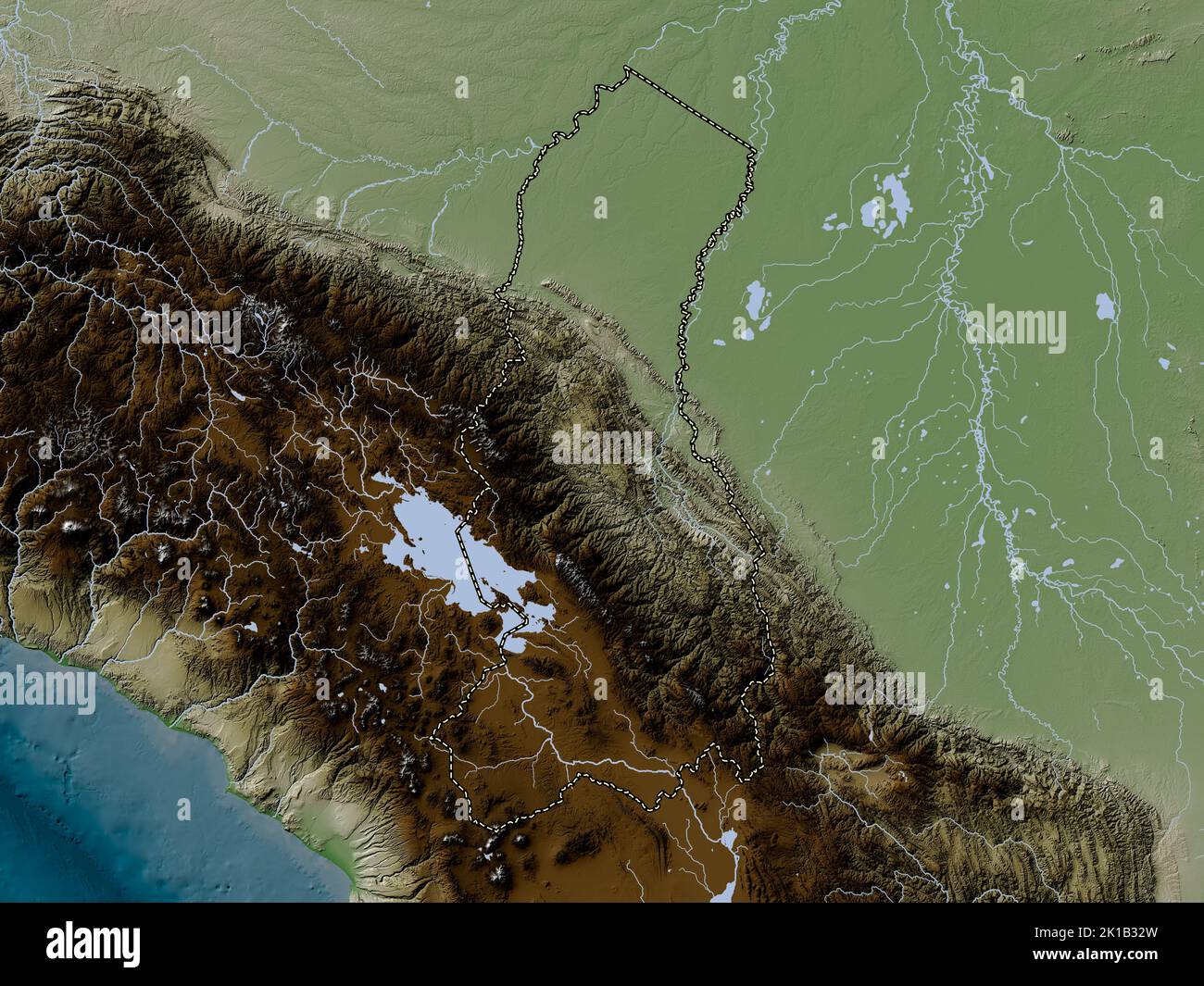 La Paz, department of Bolivia. Elevation map colored in wiki style with lakes and rivers Stock ...