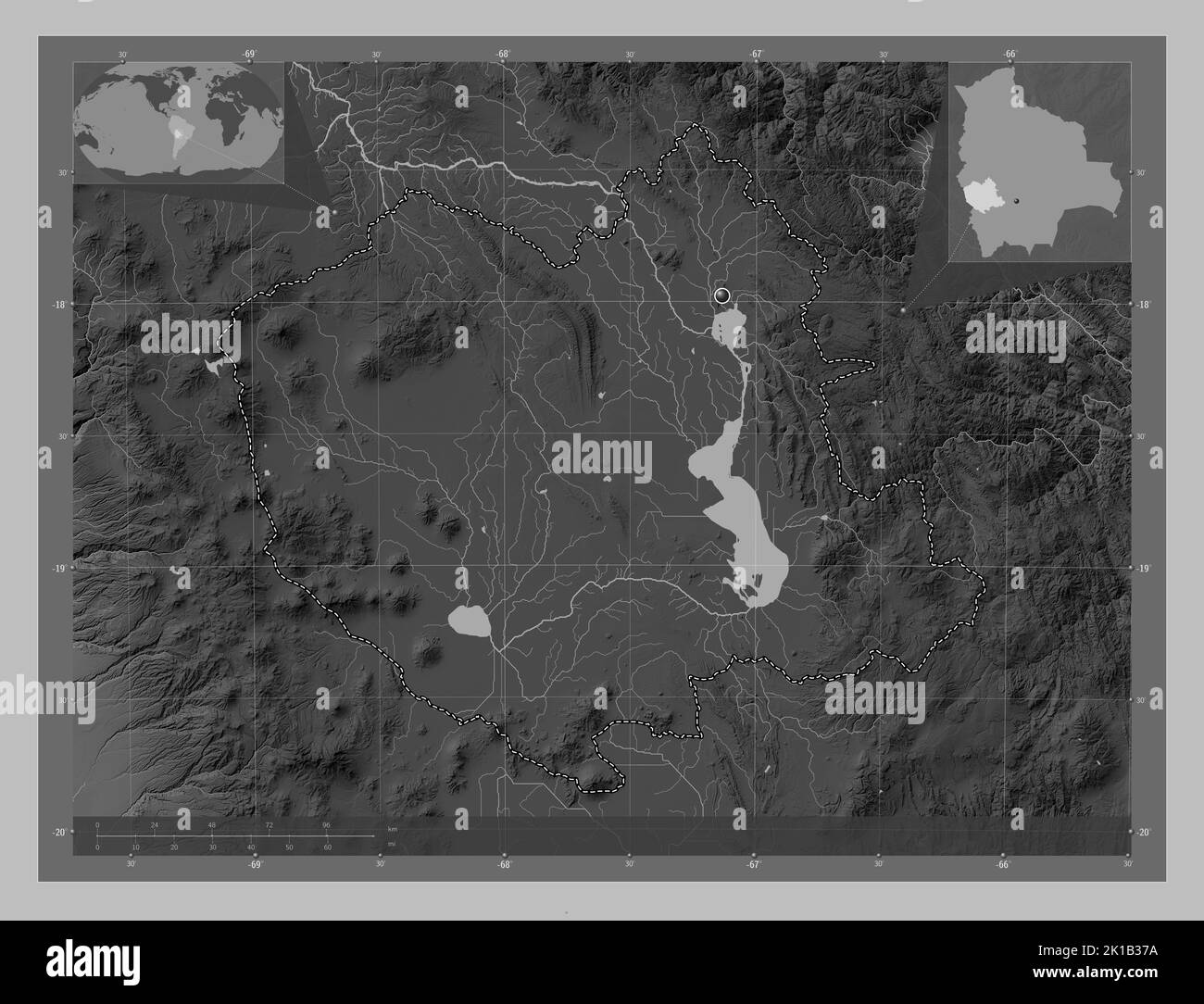 Oruro, department of Bolivia. Grayscale elevation map with lakes and rivers. Corner auxiliary ...