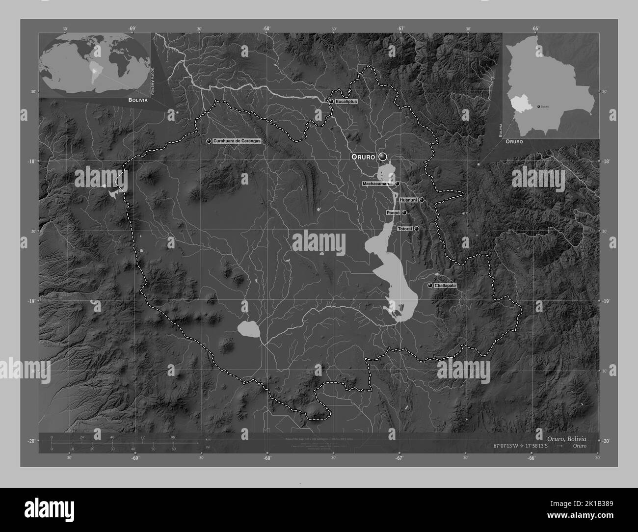 Oruro, department of Bolivia. Grayscale elevation map with lakes and rivers. Locations and names ...
