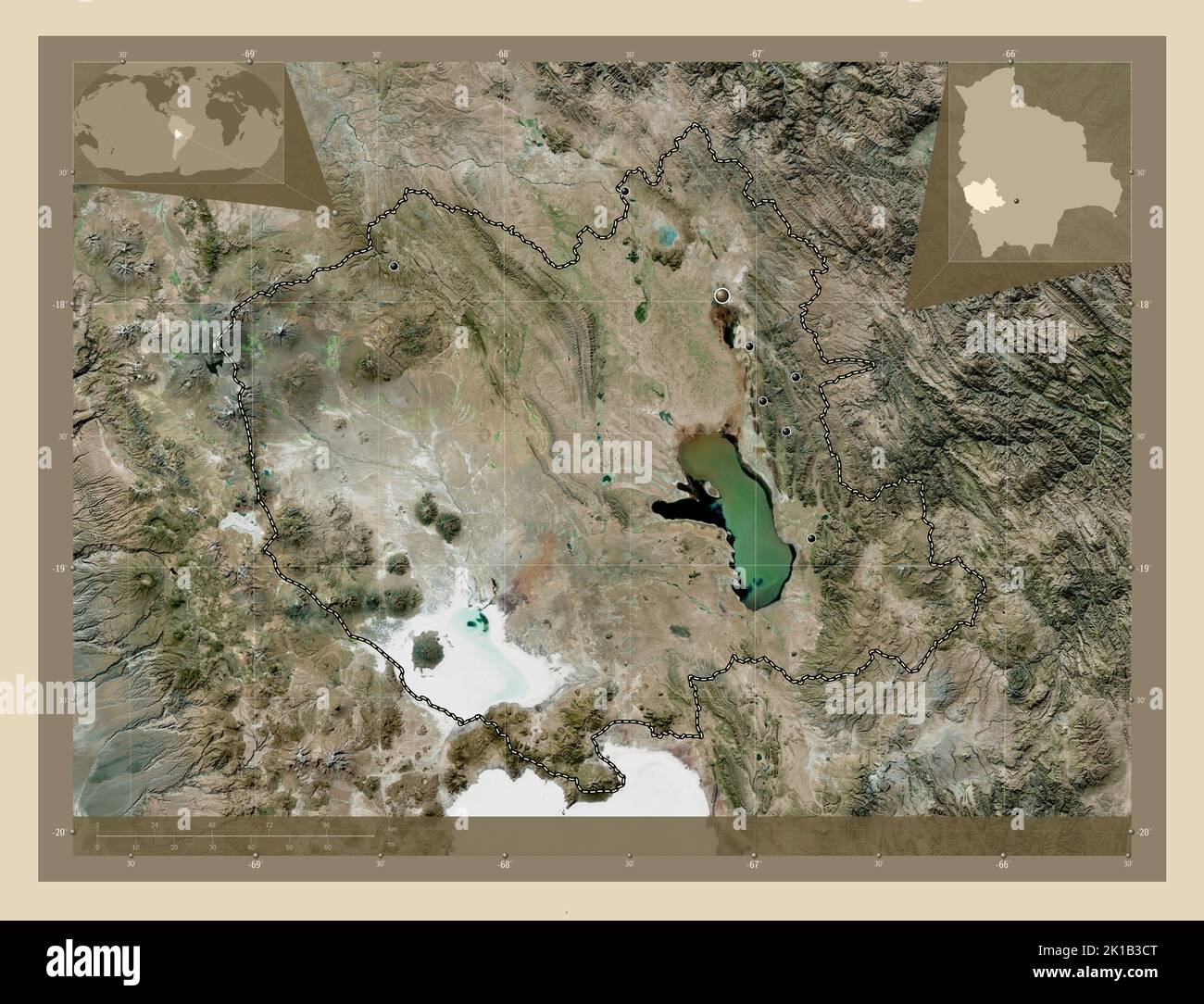 Oruro, department of Bolivia. High resolution satellite map. Locations ...