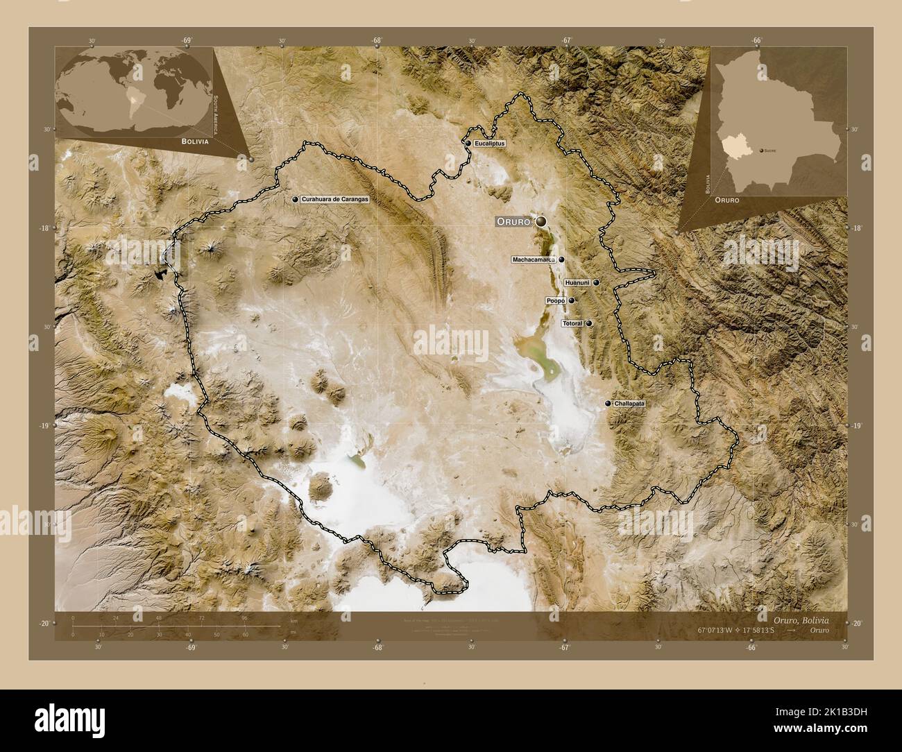 Oruro, department of Bolivia. Low resolution satellite map. Locations ...