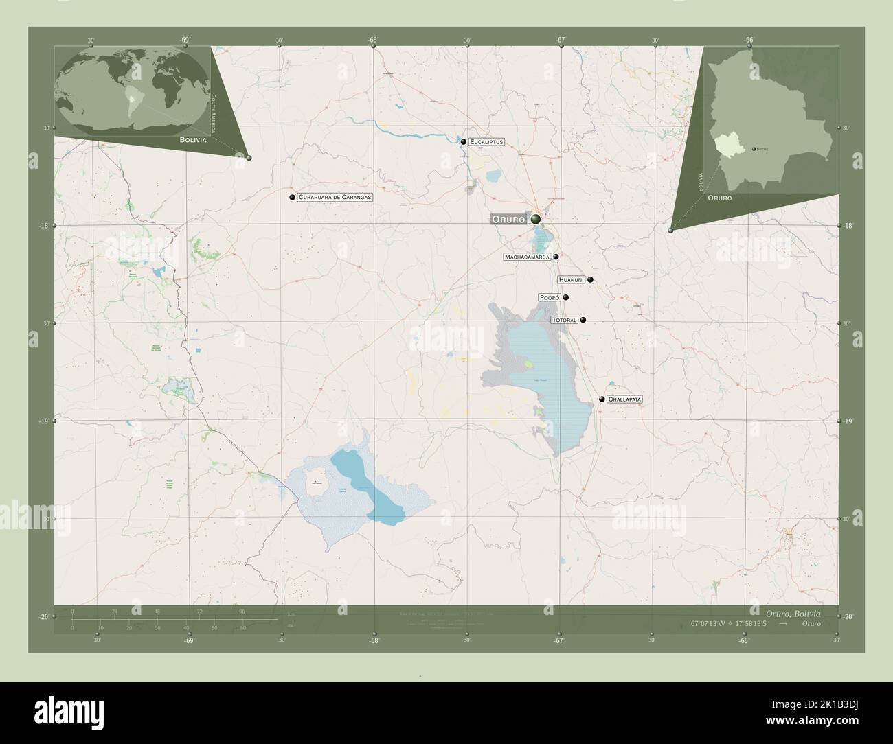 Oruro, department of Bolivia. Open Street Map. Locations and names of ...
