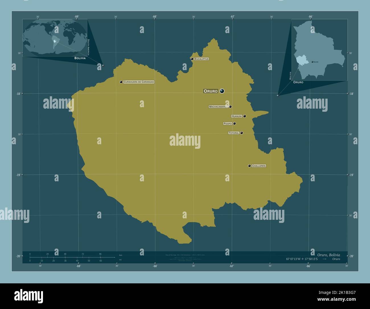 Oruro, department of Bolivia. Solid color shape. Locations and names of major cities of the ...